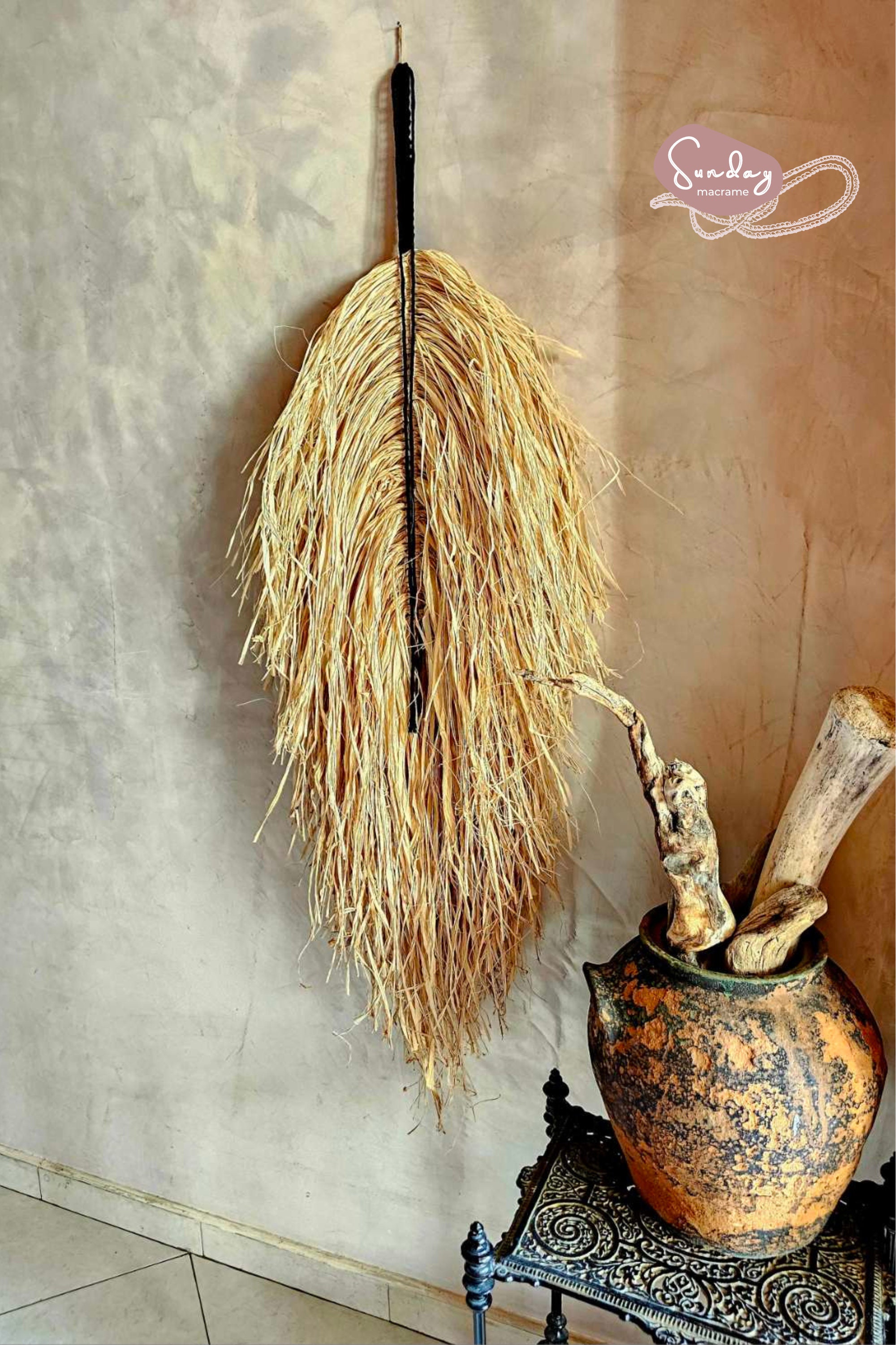 Extra Large Raffia Fringe Leaf Natural Boho Feather Wall Hanging, Warm ...
