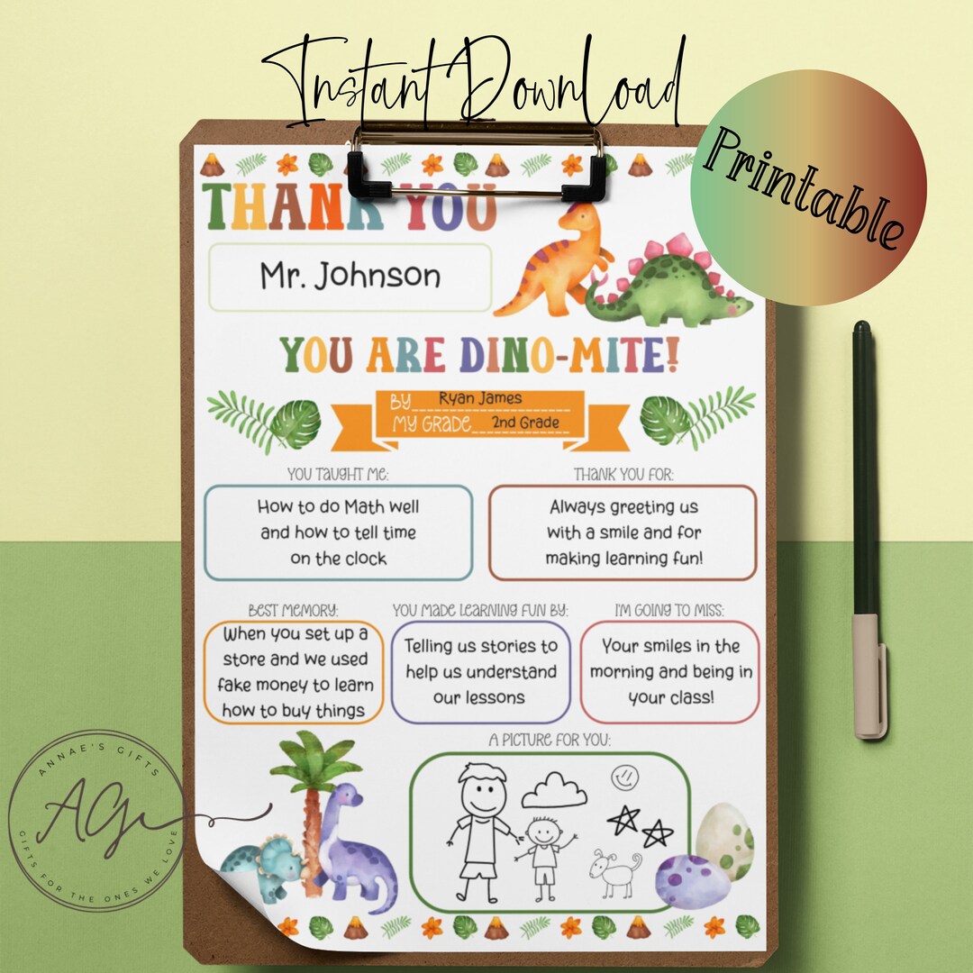 Dinosaur Teacher Appreciation Week Printable, Teacher Questionnaire ...