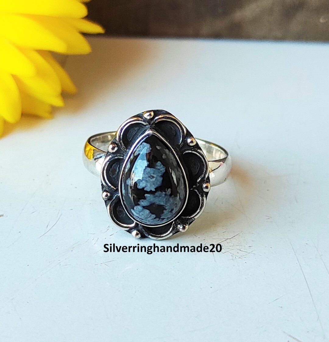 Handmade Snowflake Obsidian Ring, Gemstone 925 Sterling Silver, Band ...