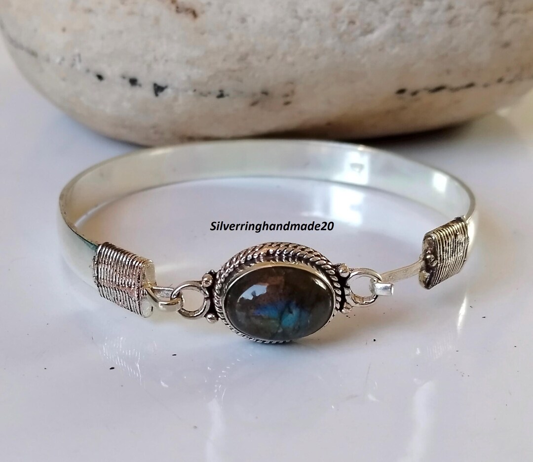 Blue Fire Labradorite Bangle: Handmade 925 Sterling Silver Jewelry - Etsy