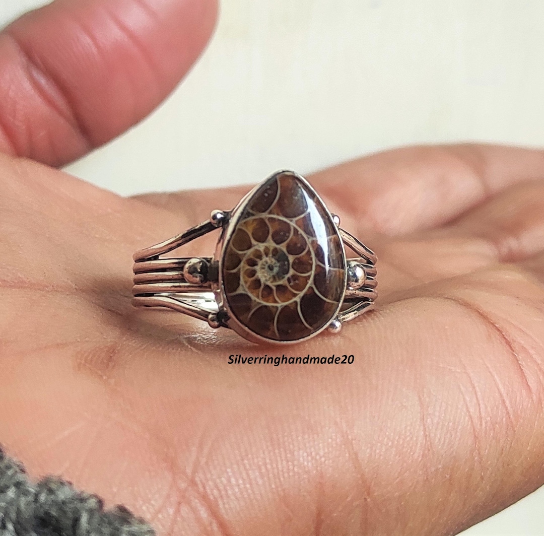 Pear Ammonite Fossil Ring: Handmade 925 Sterling Silver Gemstone - Etsy