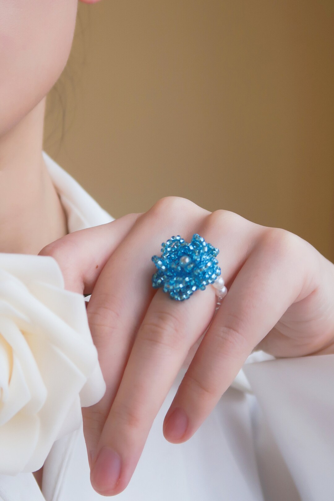 Crystal Blue Beaded Flower Ring Dainty Crystal Blue Daisy - Etsy