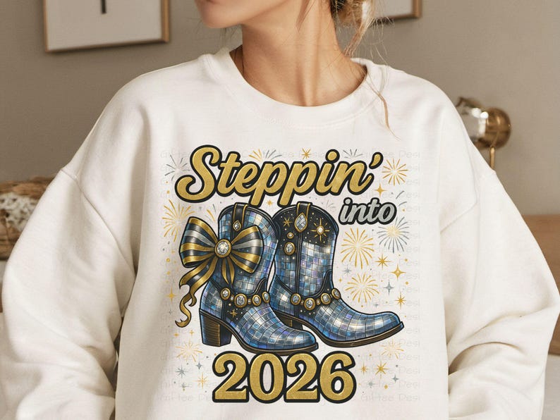 Steppin Into 2026 PNG, Disco Cowboy Boots Png, Coquette Bow Design ...