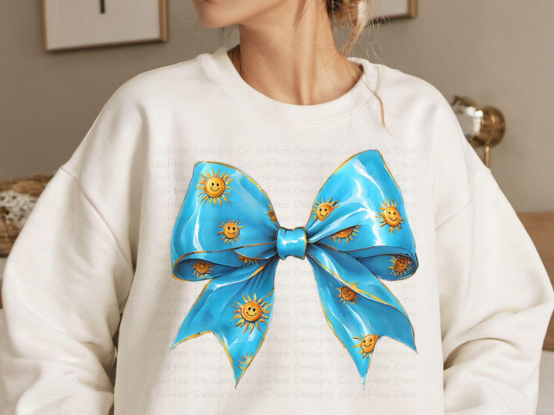 Summer Coquette Bow PNG, Coquette Shirt Png, Smiling Sun Png, Blue Bow ...