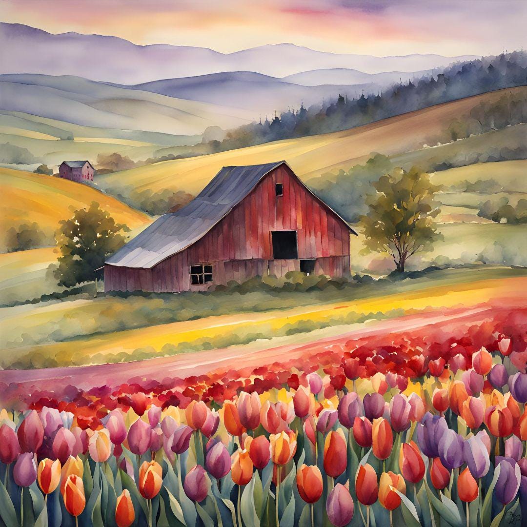 Farm, Red Barn, Tulips, Beautiful Flowers, Red Barn in a Field,mountain ...