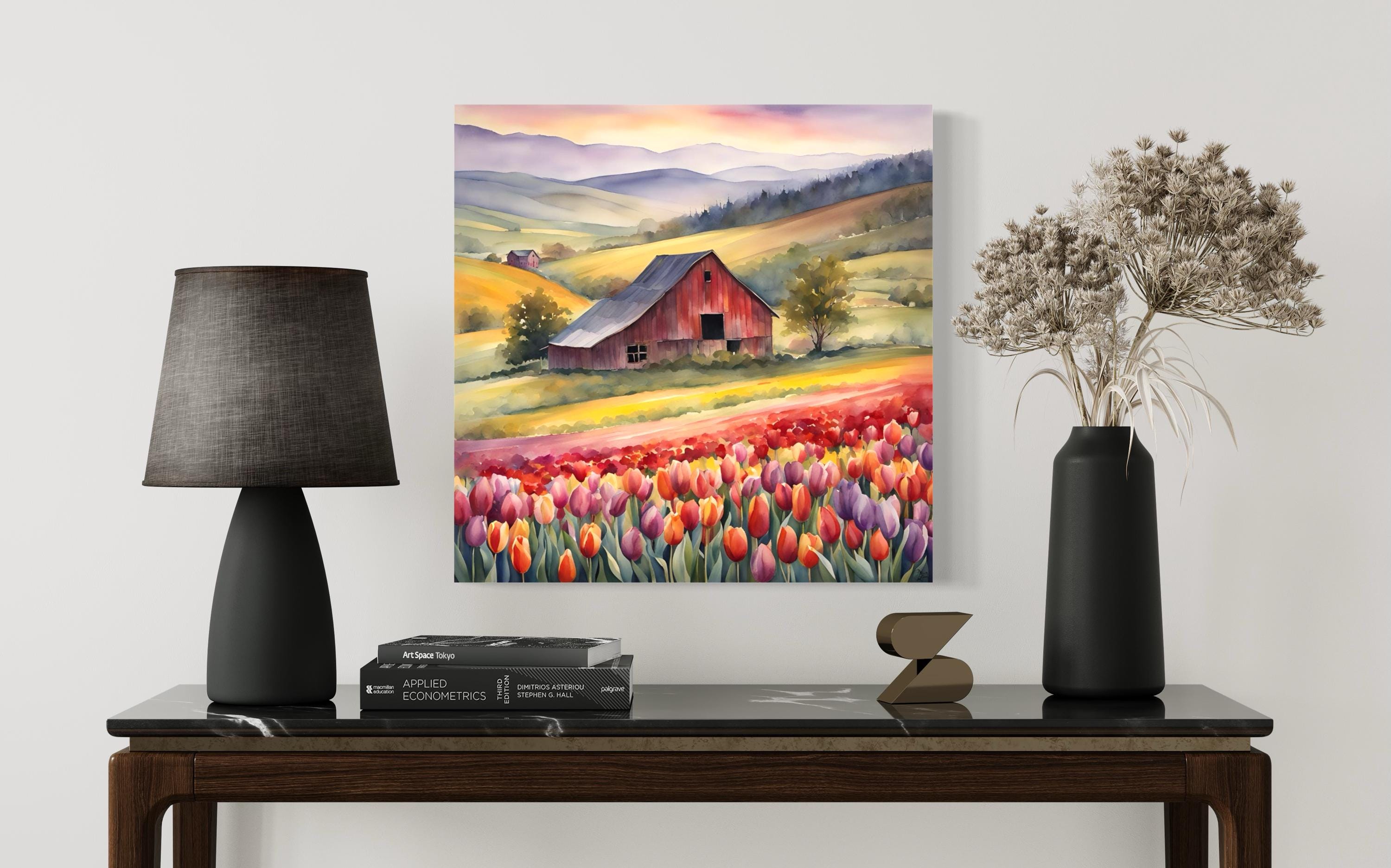 Farm, Red Barn, Tulips, Beautiful Flowers, Red Barn in a Field,mountain ...