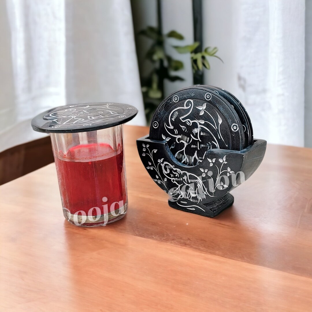 Black Soapstone Marble Coaster Set Ll Handmade Flower Pattern Soapstone ...