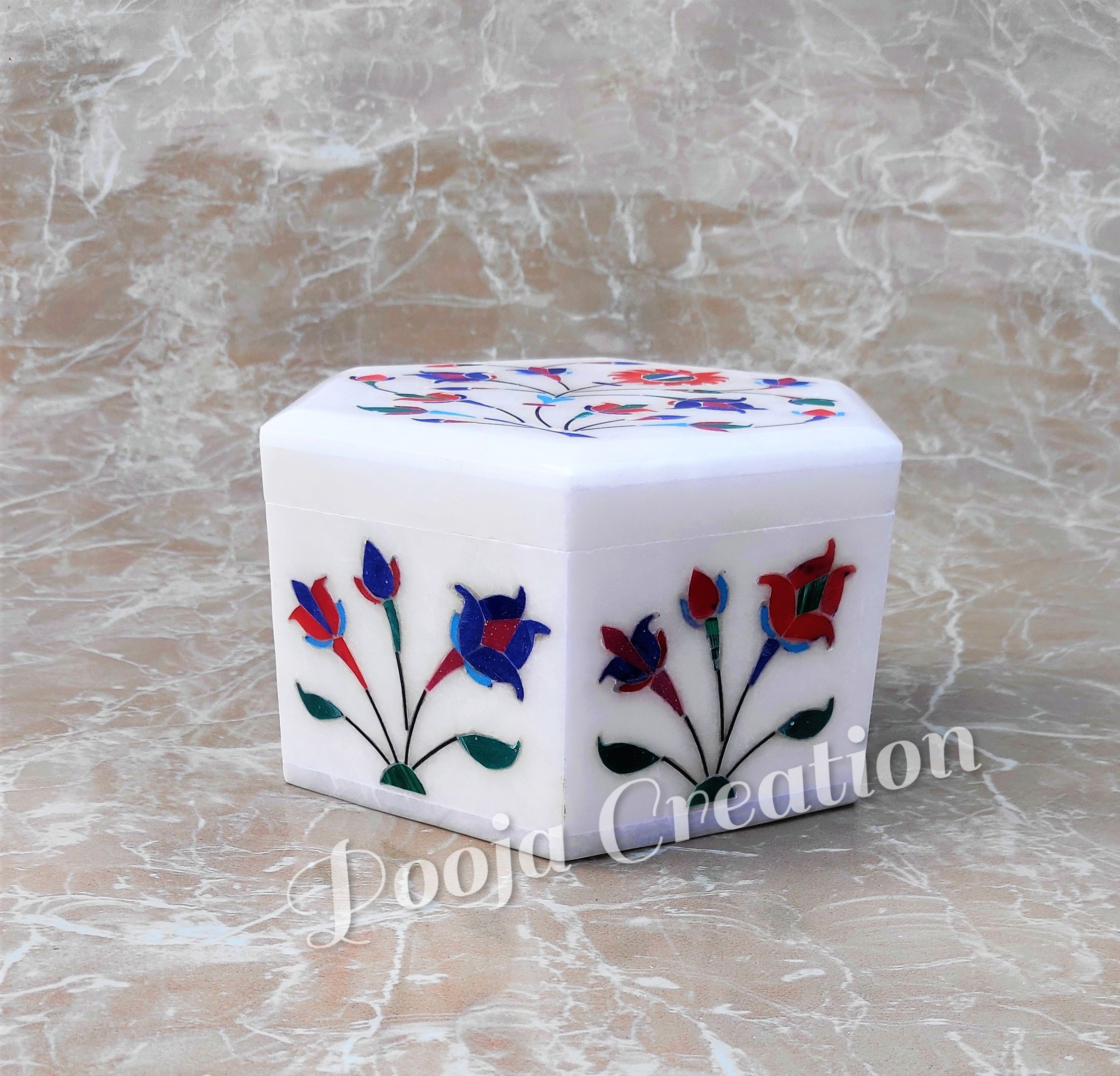 Handicraft White Marble With Floral Inlay Work Trinket Jewelry Box for ...