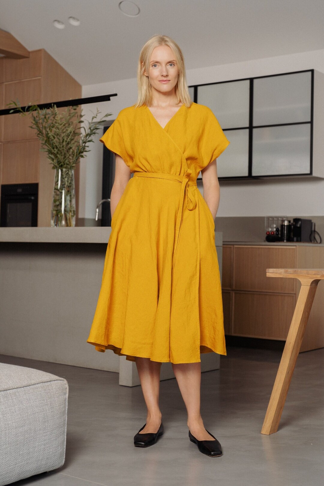 Yellow Mustard Linen Dress VASARE – Short Sleeves Linen Dress– Wrap Linen Dress - Etsy