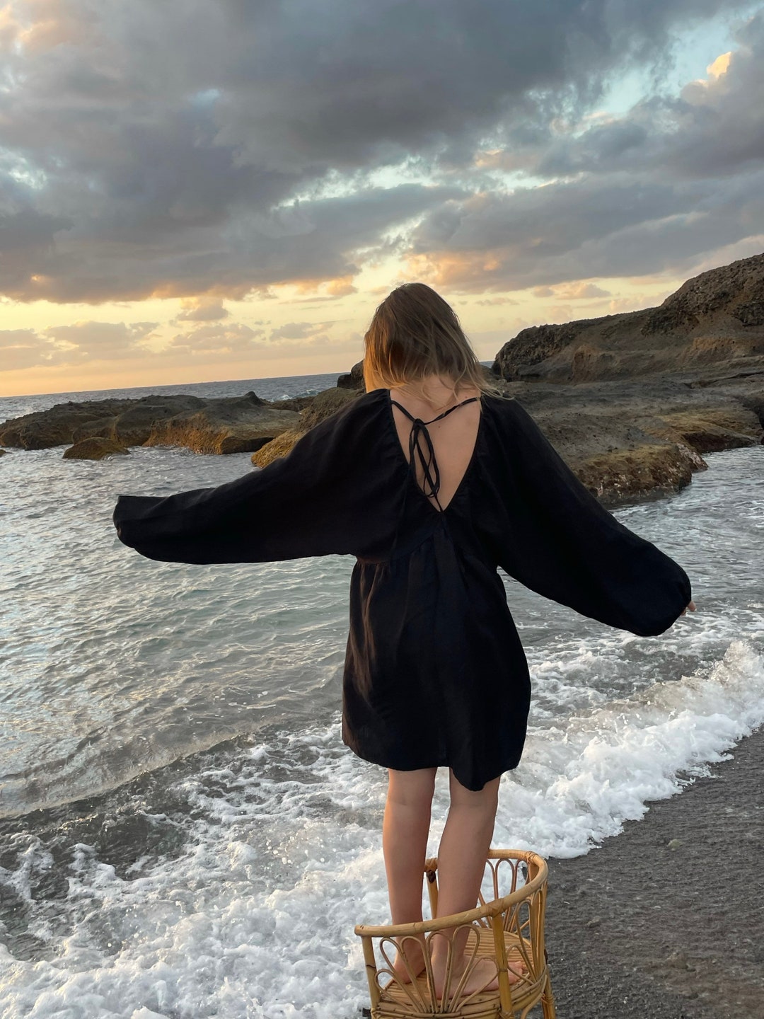 Open Back Mini Linen Dress – Flowy Open Back Linen Dress – Black Mini ...