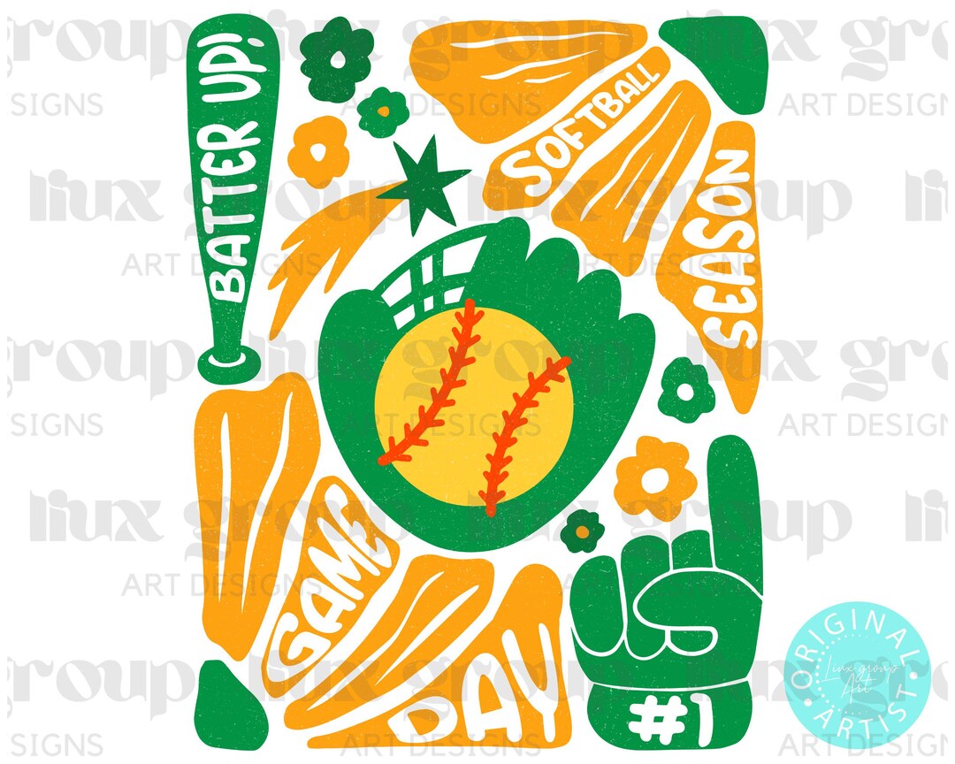 Softball Hand Drawn Green and Gold PNG, Game Day Softball Png, Softball ...