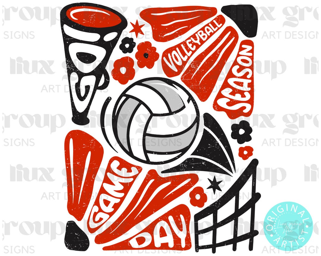 Volleyball Hand Drawn Retro Red and Black PNG, Volleyball Sublimation ...