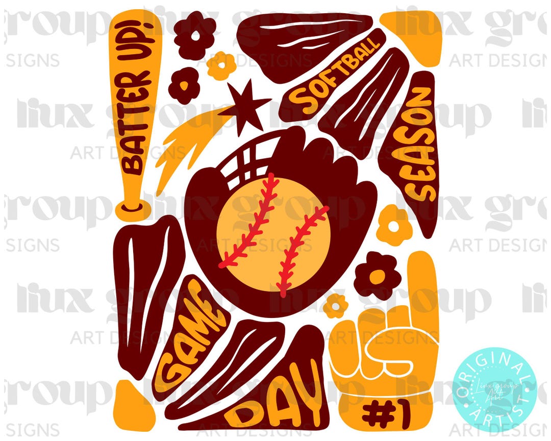 Softball Hand Drawn Maroon and Gold PNG, Game Day Softball Png ...