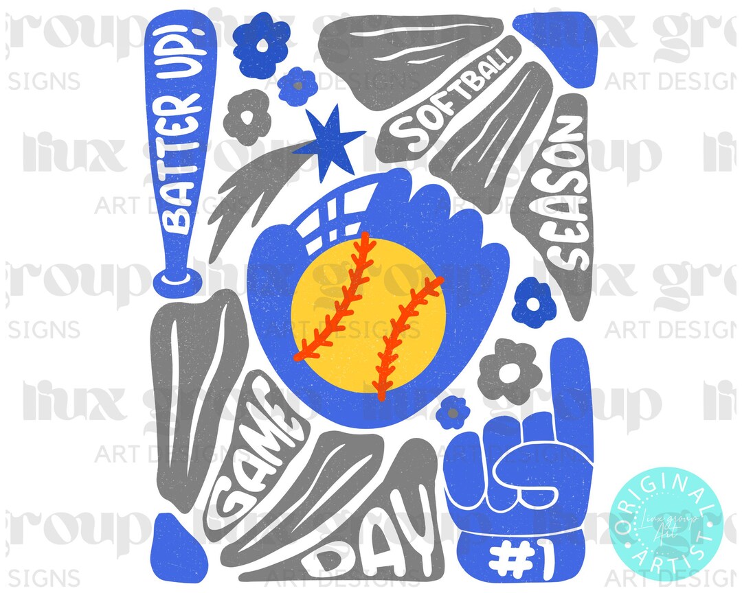 Softball Hand Drawn Blue and Grey PNG, Game Day Softball Png, Softball ...