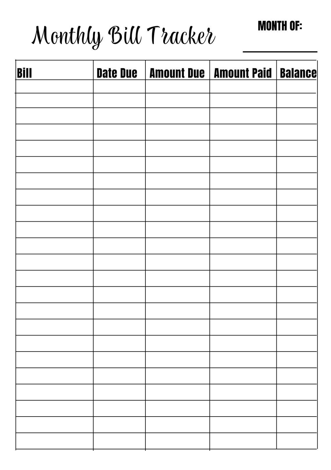 Monthly Bill Tracker Printable Simple | Bill Payment Tracker | Budget ...