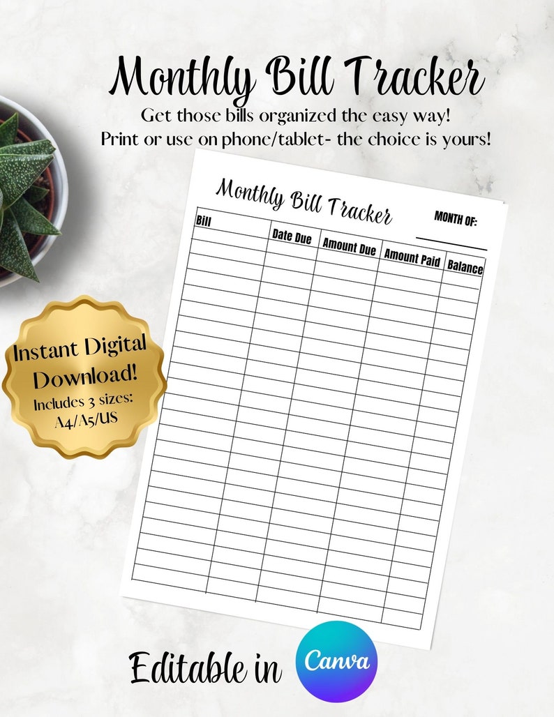 Monthly Bill Tracker Printable Simple | Bill Payment Tracker | Budget ...