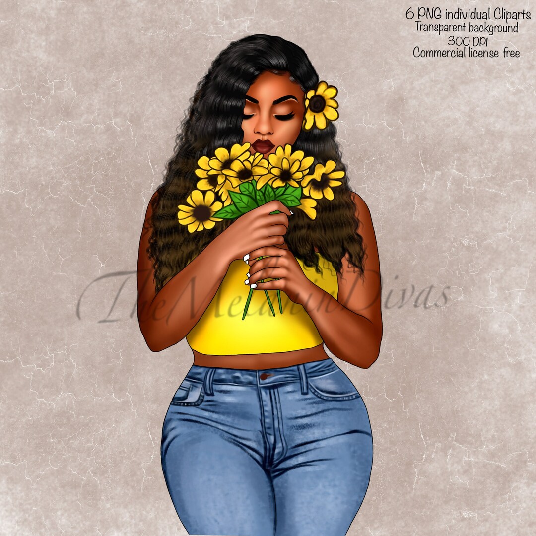 Black Girl Sunflower Clipart: African American Girl Holding Flowers ...