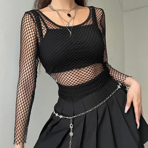 Y2K Long Sleeve Aesthetic Fishnet Crop Top Trendy Clothes - Etsy