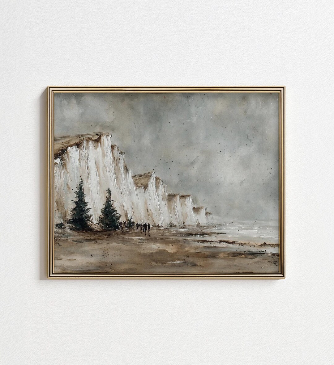 Vintage Coastal Cliffs Printable Painting - Winter Snow Artwork, Rustic ...