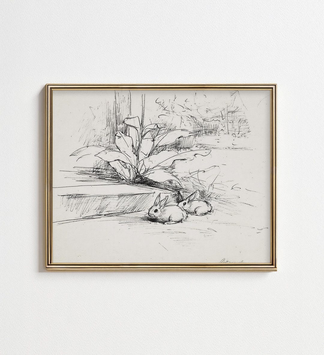 Two Bunnies on Stone Ledge Sketch - Rustic Cottagecore Decor, Neutral ...