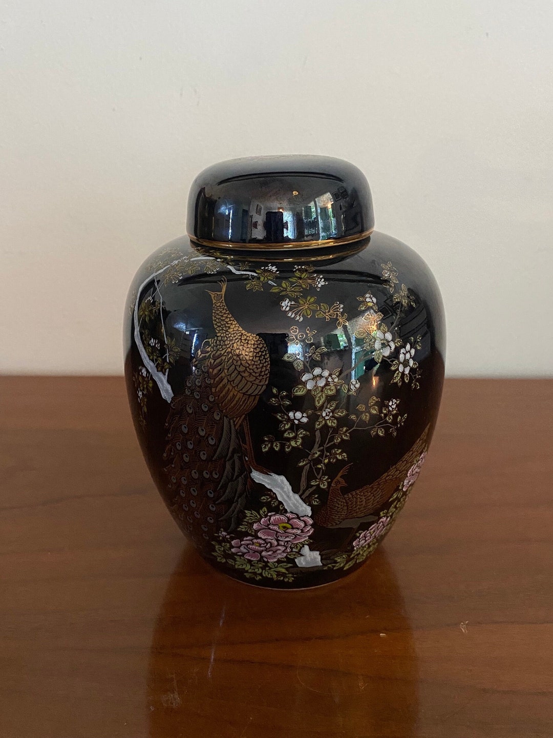 Vintage Vase Black OMC Japan Handpainted Pottery Ginger Jar Peacock ...