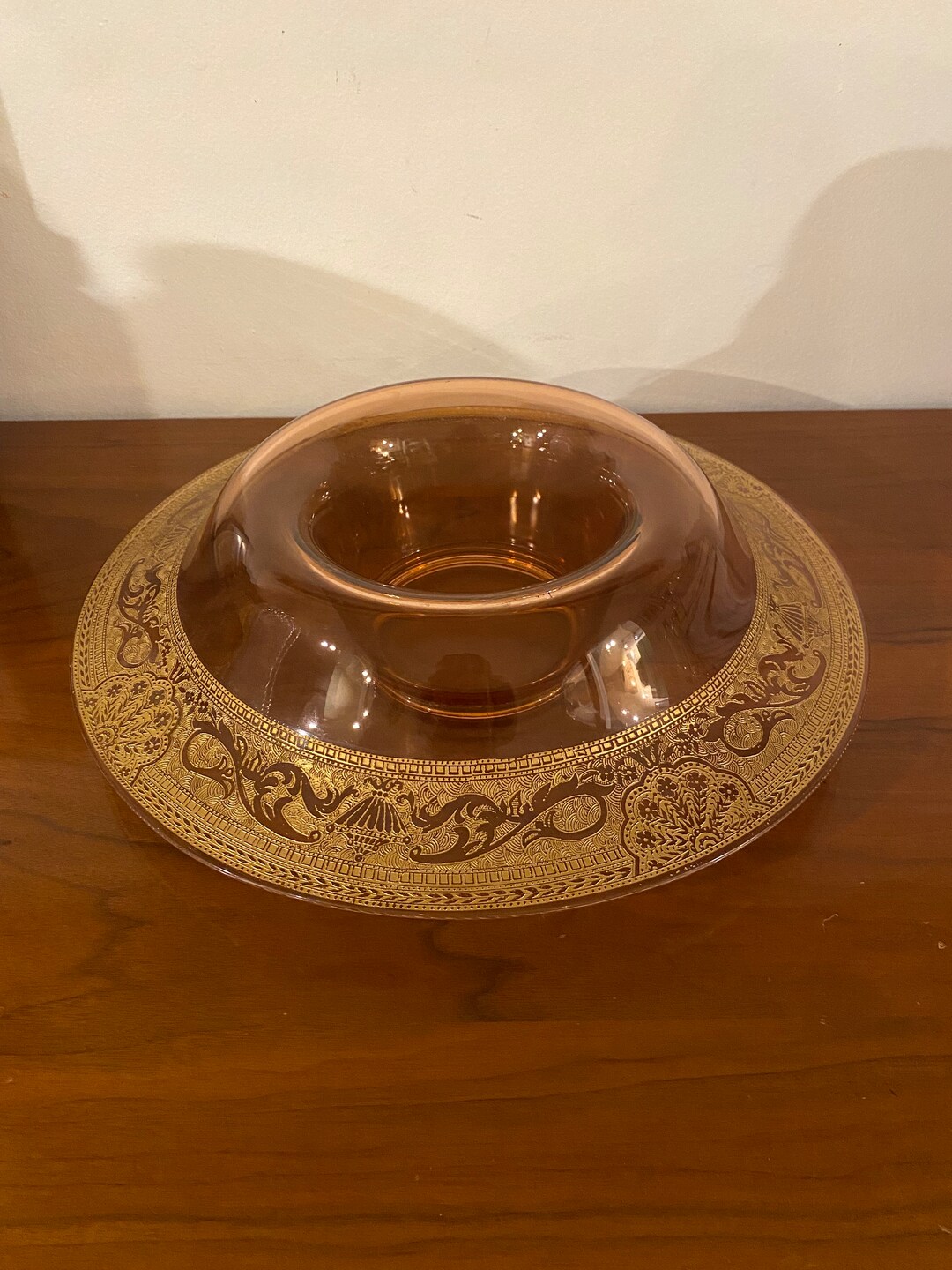 Pink Depression Glass Rolled Edge Cambridge House Console Bowl 24k Gold ...