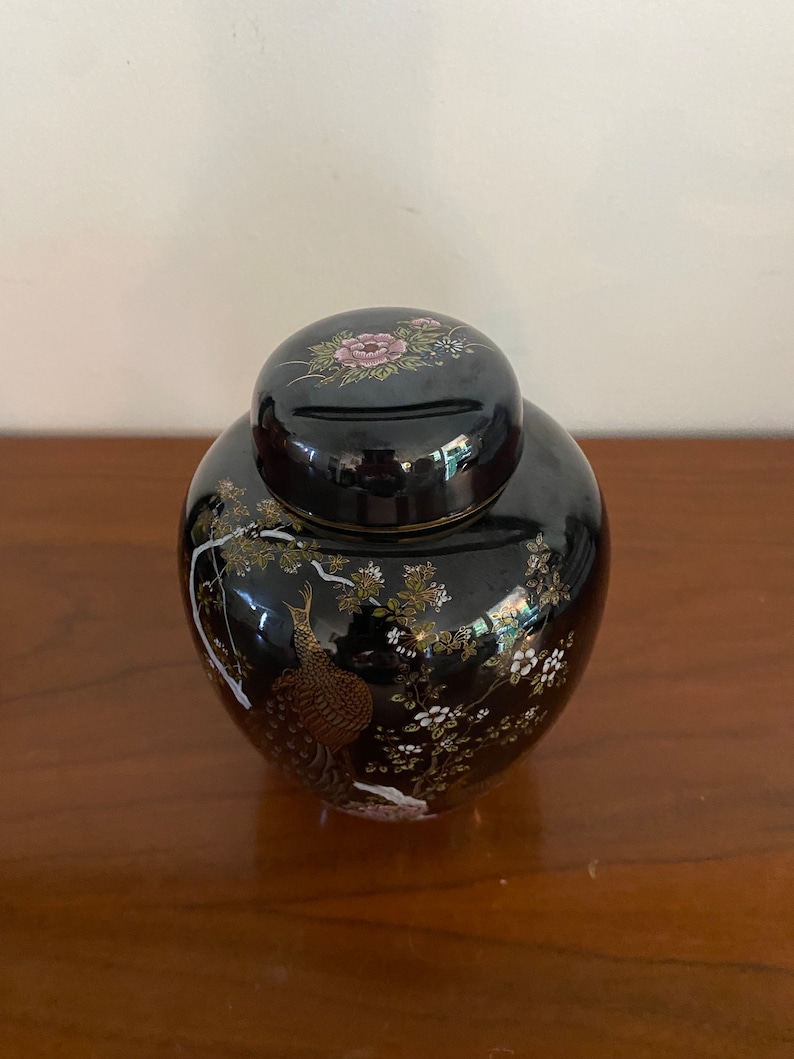 Vintage Vase Black OMC Japan Handpainted Pottery Ginger Jar Peacock ...