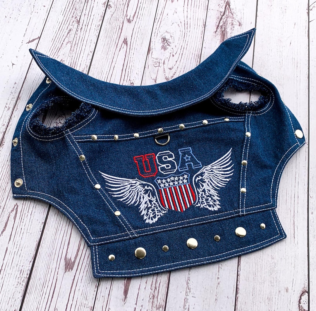 Dog Denim Vest With USA Embroidery, Dog Jacket, Handmade Designer Dog ...