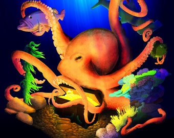Glowing Octopus Digital Art / Abstract Wall Art / Octopus Digital Art ...