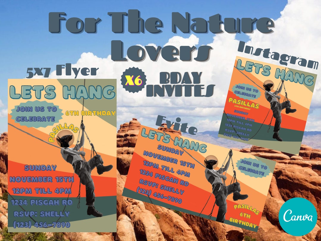 Lets Hang Birthday Invite- Nature Hiking Climbing Editable Add Photo ...
