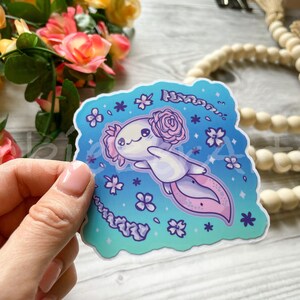 Floral Cute Axolotl Waterproof Sticker, Happy Salamander Sticker ...
