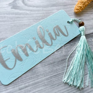 Custom Name Light Blue Bookmark, Sea and Beach Themed Personalized ...