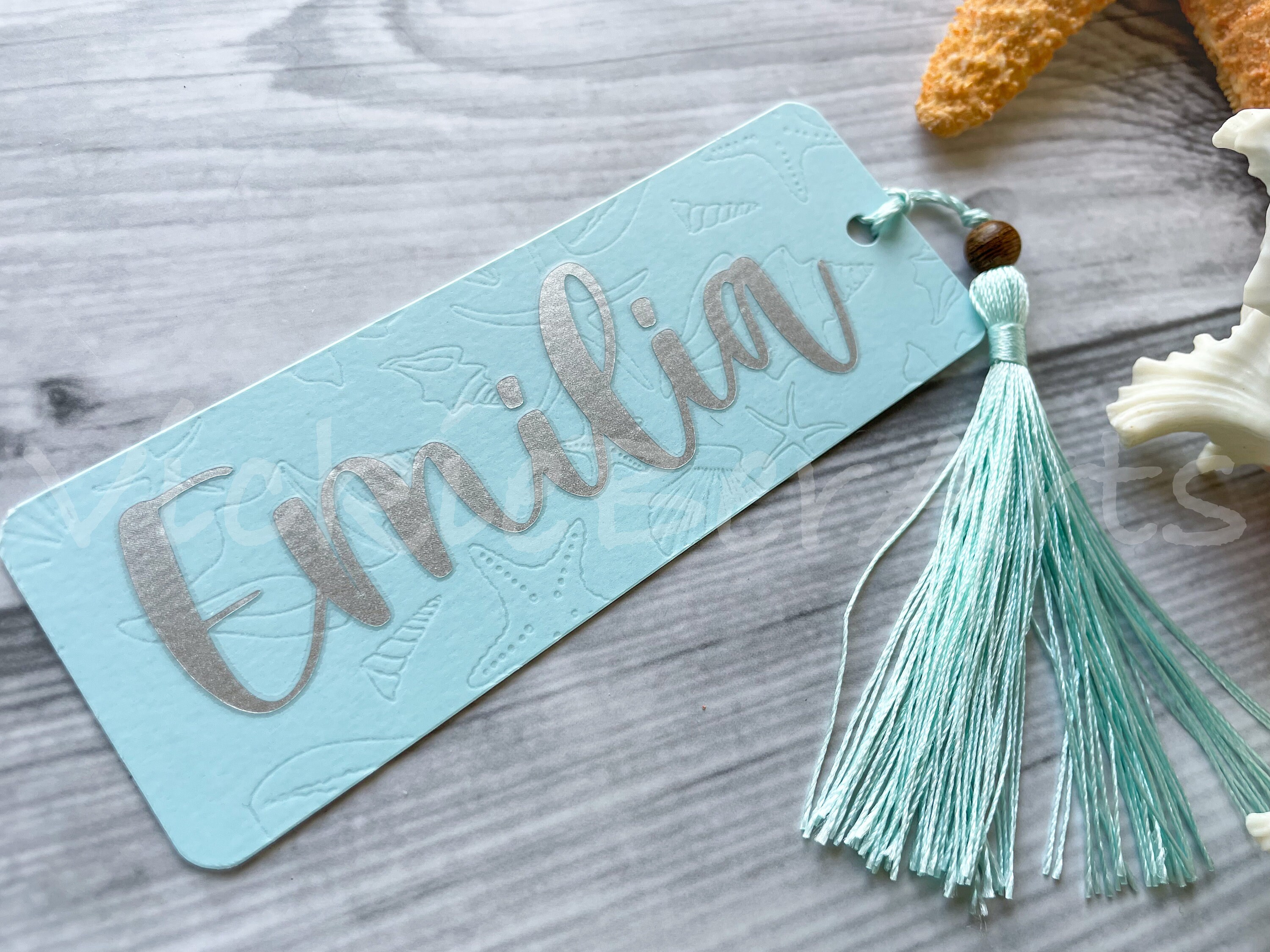 Custom Name Light Blue Bookmark, Sea and Beach Themed Personalized ...