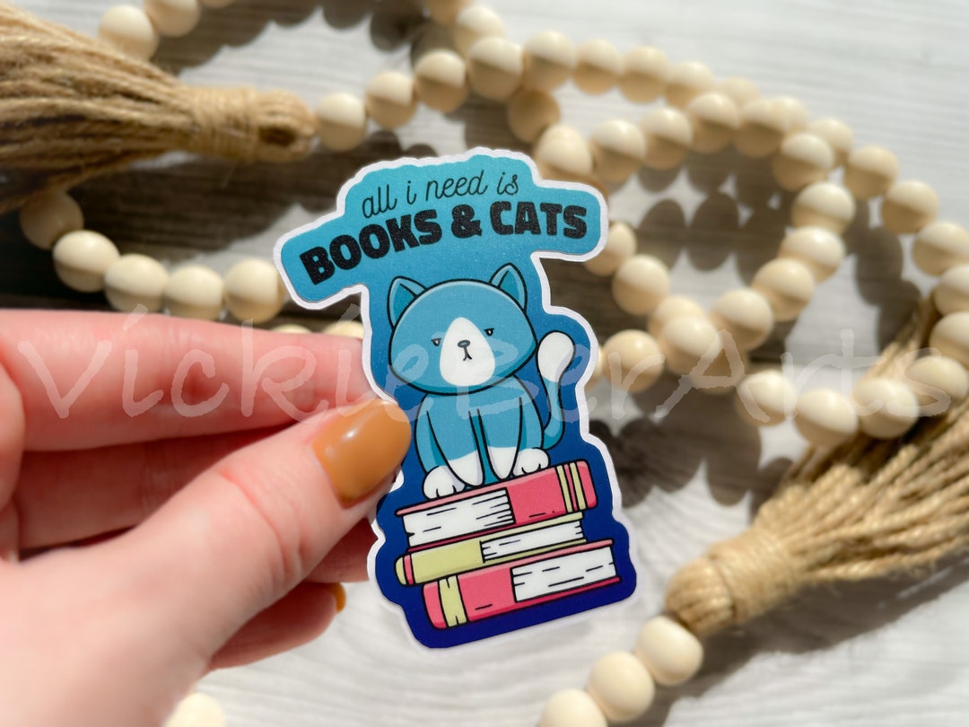 Cat on a Stack of Books Waterproof Sticker, Bookish Cat Sticker, Kitten ...