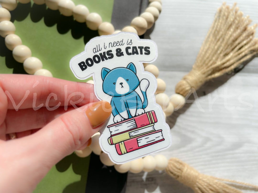 Cat on a Stack of Books Waterproof Sticker, Bookish Cat Sticker, Kitten ...