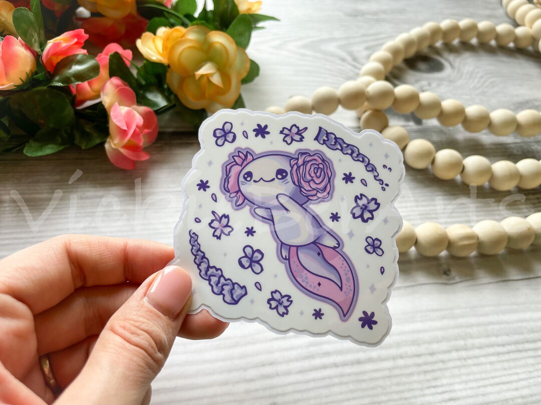 Floral Cute Axolotl Waterproof Sticker Happy Salamander - Etsy