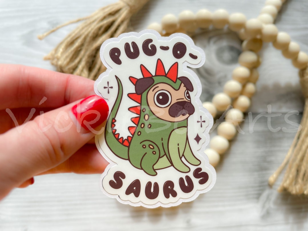 Dinosaur Pug Funny Waterproof Sticker, Costumed Pug Sticker, Puppy ...