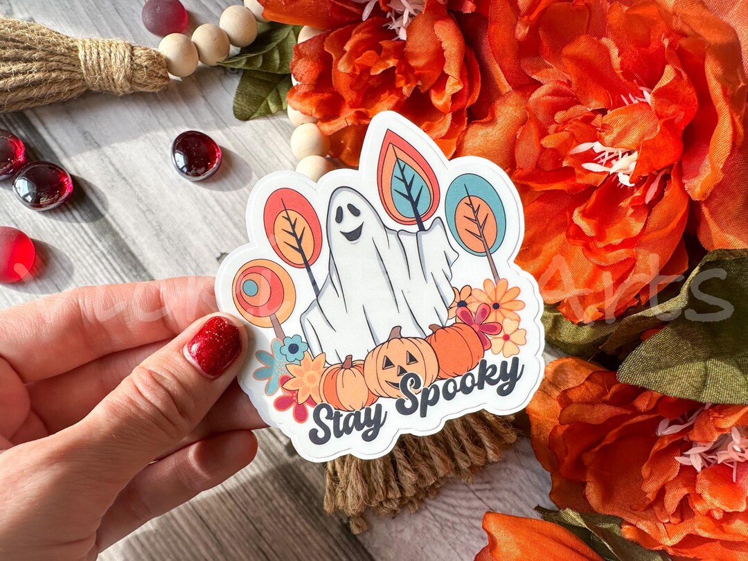 White Ghost and Retro Trees Halloween Waterproof Sticker, Retro ...