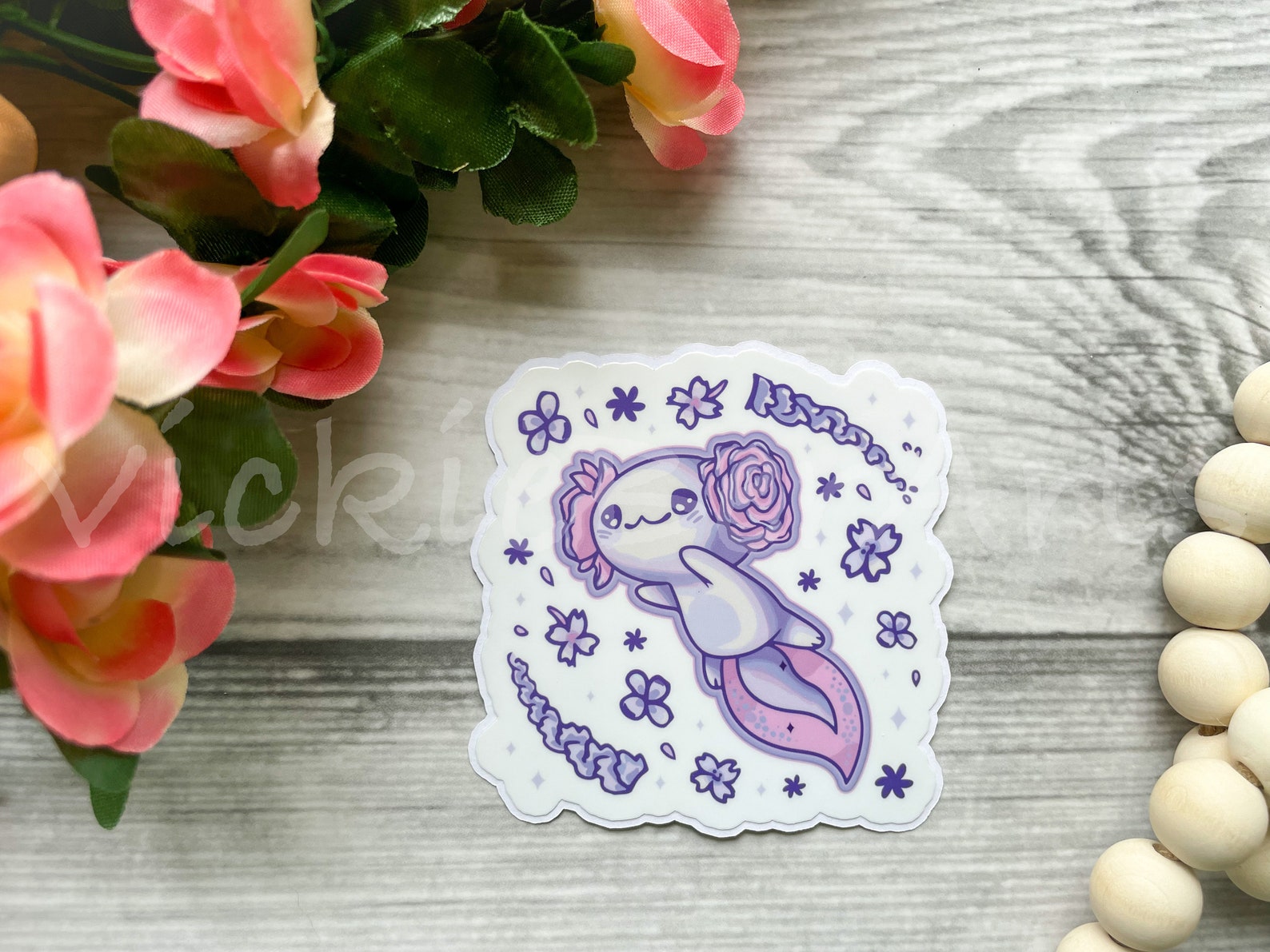 Floral Cute Axolotl Waterproof Sticker, Happy Salamander Sticker ...