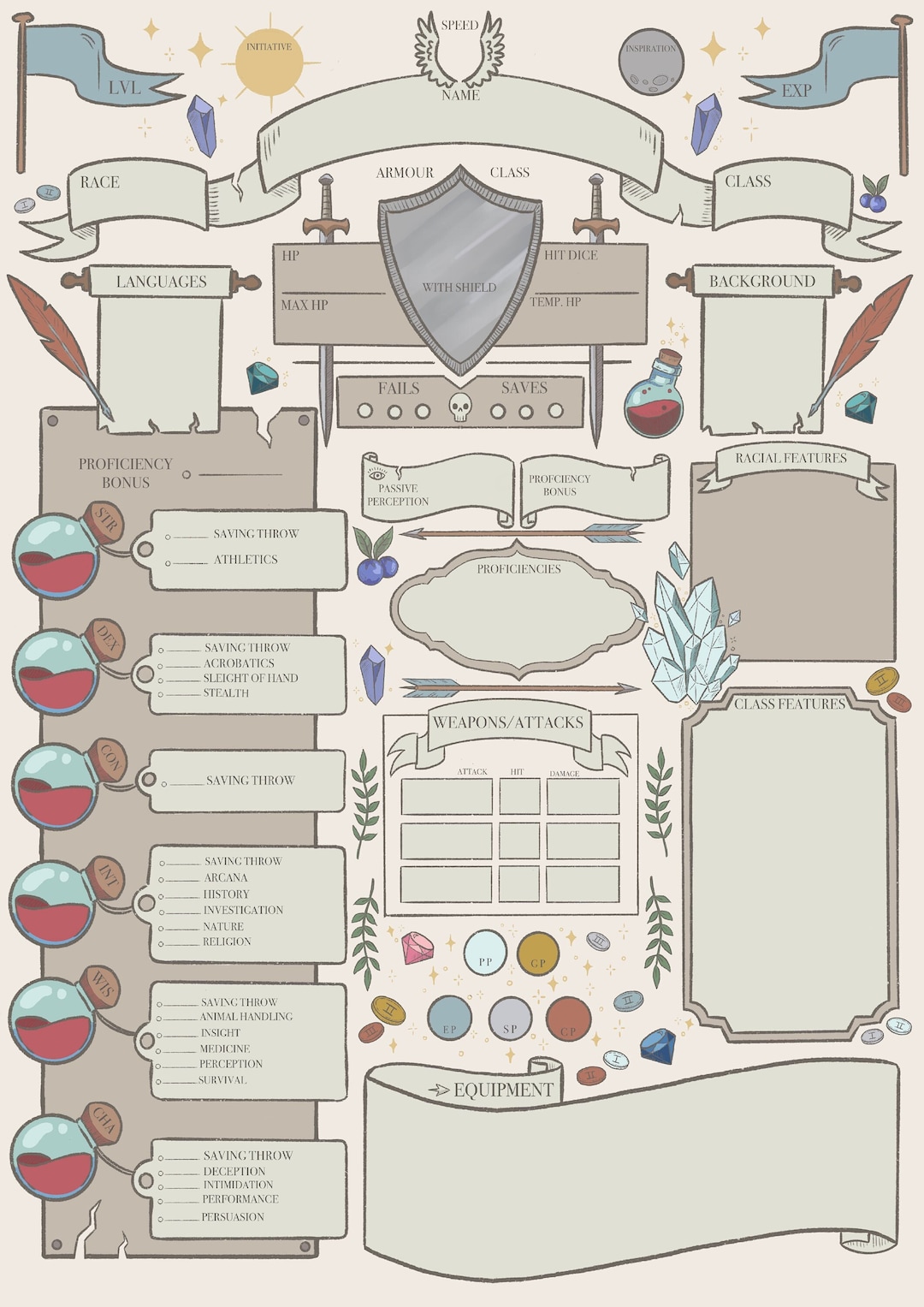 Dnd 5e Character Sheet - Full Colour Cream Background - Printable ...