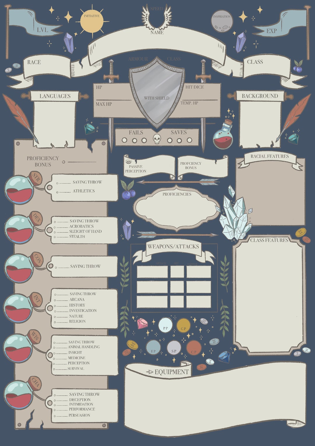 Dnd 5e Character Sheet - Full Colour Blue Background - Printable ...