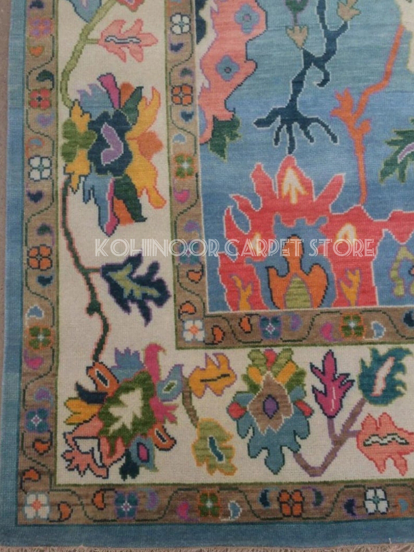 Pink and Blue Oushak Rug With White Border for Bedroom & Living Spaces ...