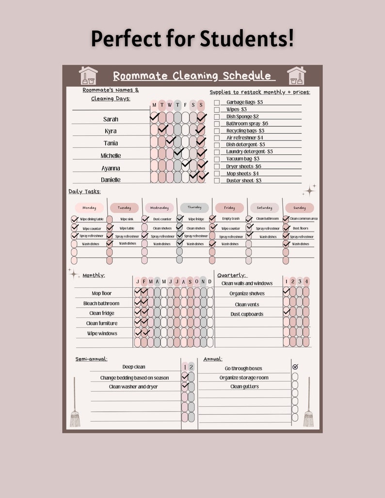 Editable Cleaning Schedule Checklist Digital Printable for Roommates ...