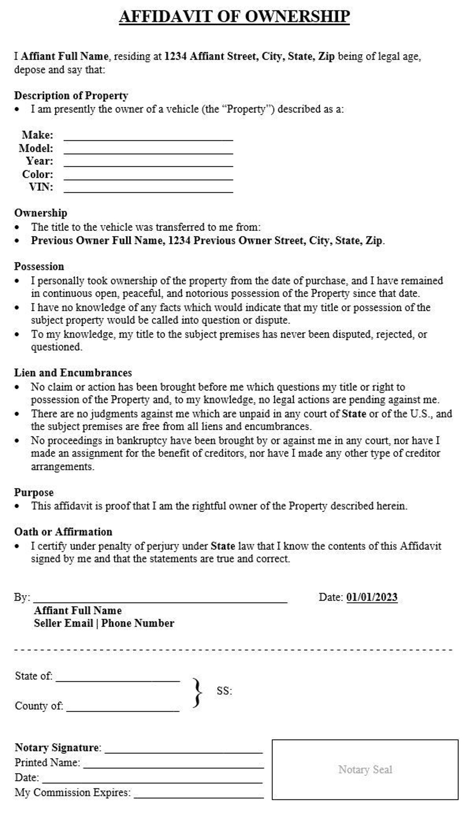 Affidavit of Ownership (motor Vehicle) - Etsy