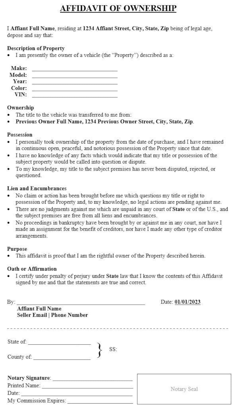 Affidavit of Ownership (motor Vehicle) - Etsy