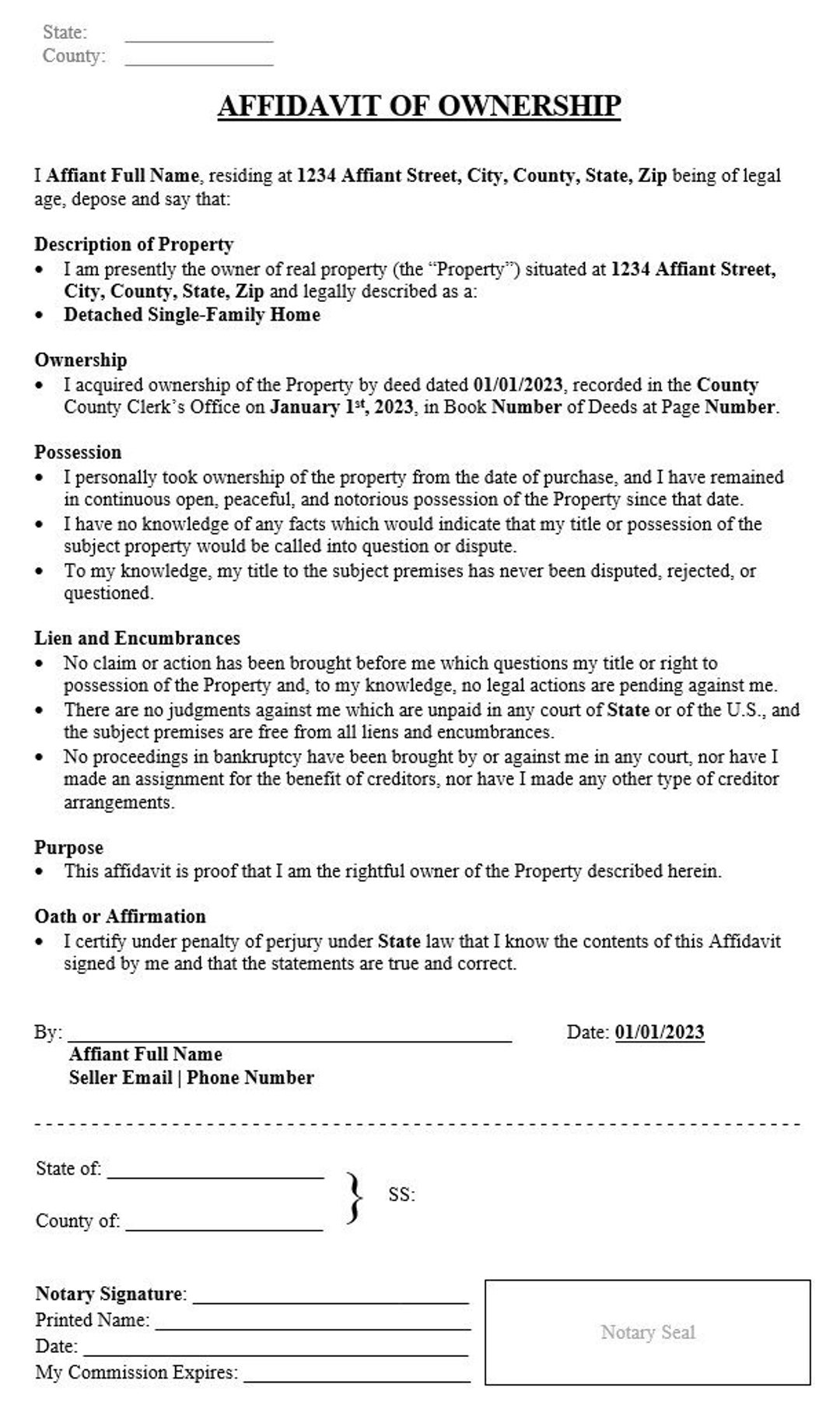 Affidavit of Ownership (property) - Instant Download - Etsy Affidavit of Ownership (property) - Instant Download - Etsy