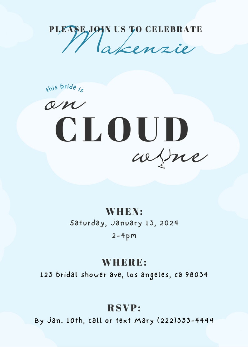 On Cloud Wine Bridal Shower Invite | Fully Customizable | Bridal Shower ...