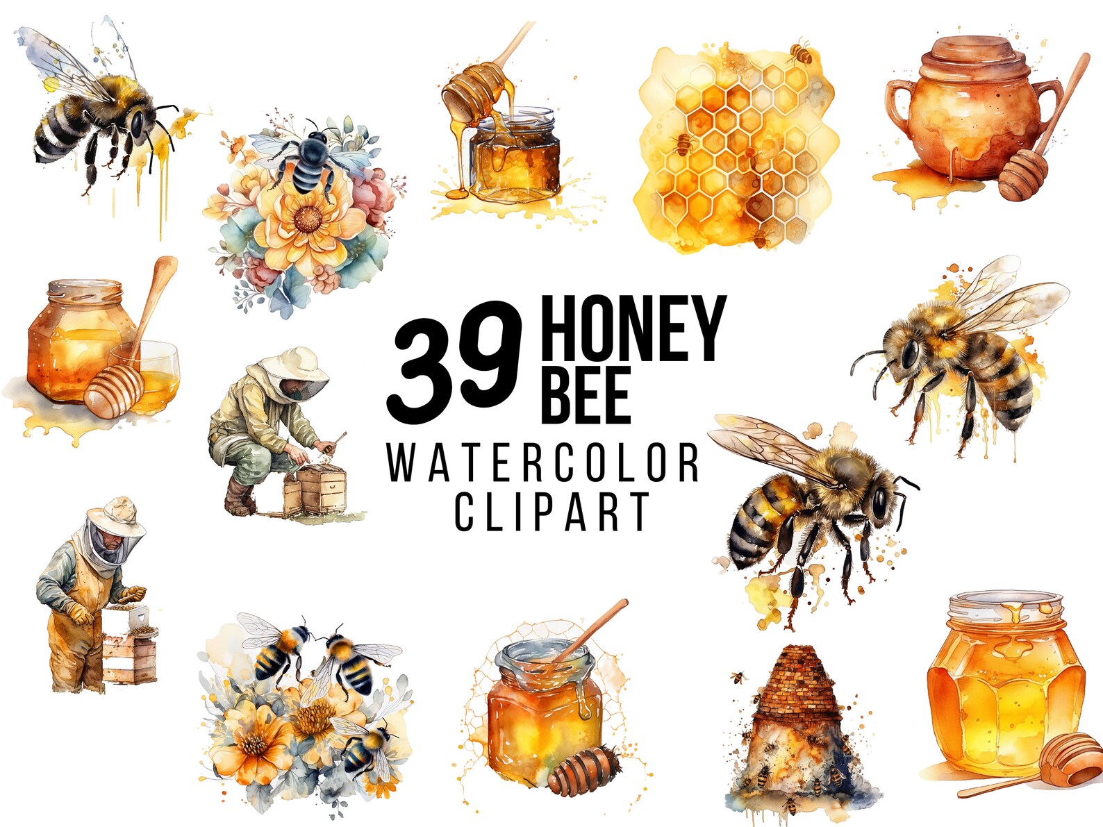 Watercolor Honey Bee Clipart, Honey Drips Clip Art PNG Graphics Instant ...