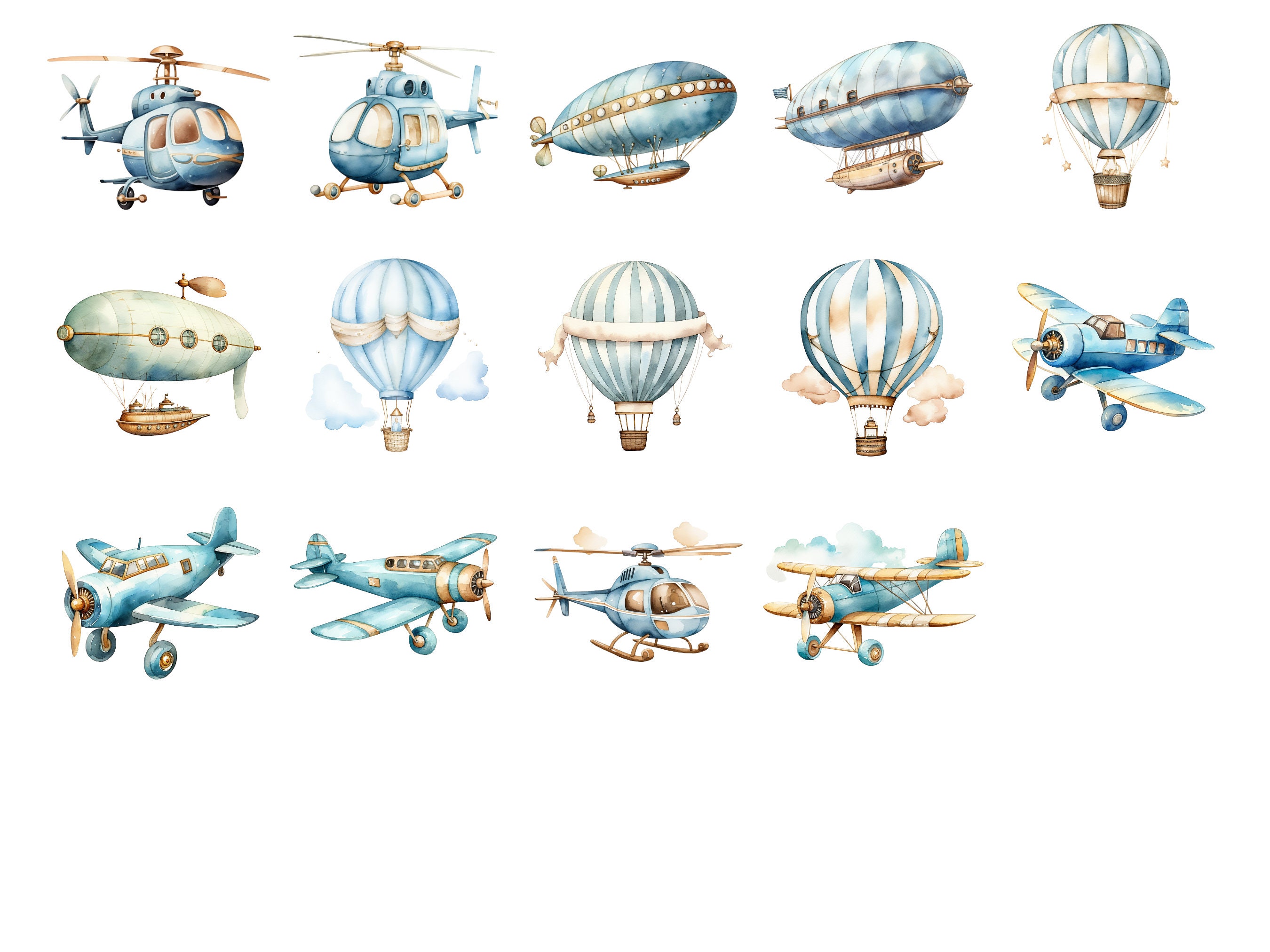 Air Transport Watercolor Clipart, Helicopter Hot Air Balloon Zeppelin ...