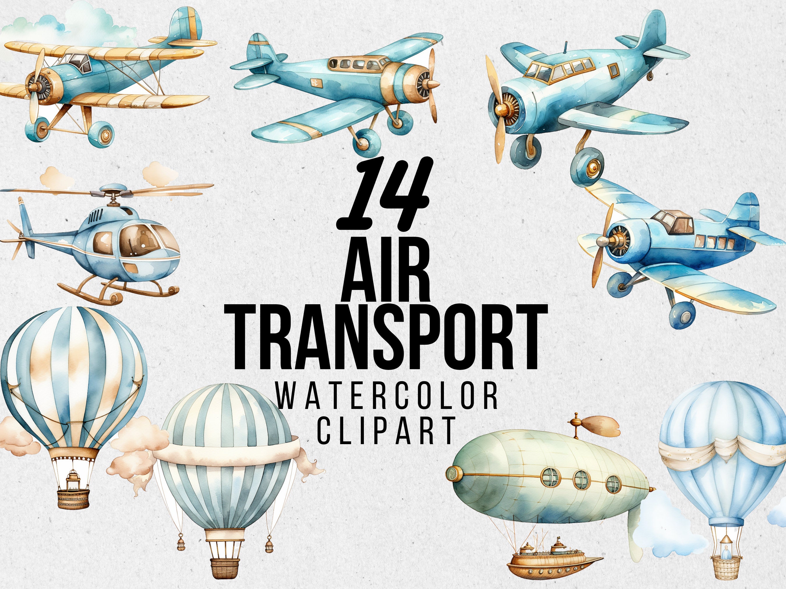 Air Transport Watercolor Clipart, Helicopter Hot Air Balloon Zeppelin ...